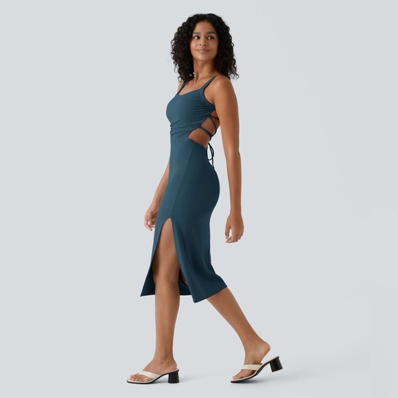 HALARA | Dresses | Halara Ruched Backless Lace Up Split Bodycon Midi ...